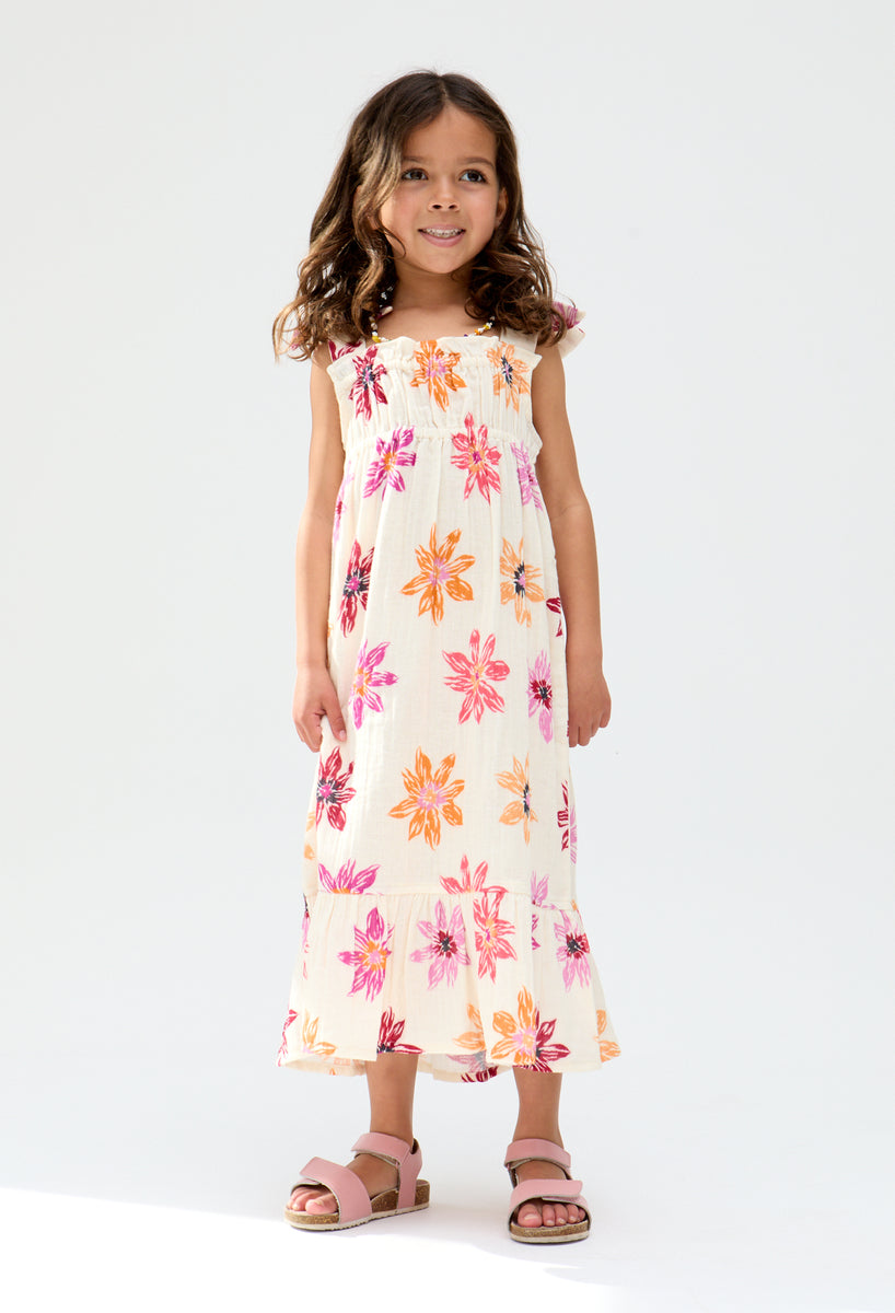Kids Flora Gathered Hand Drawn Floral Print Dress In Multi