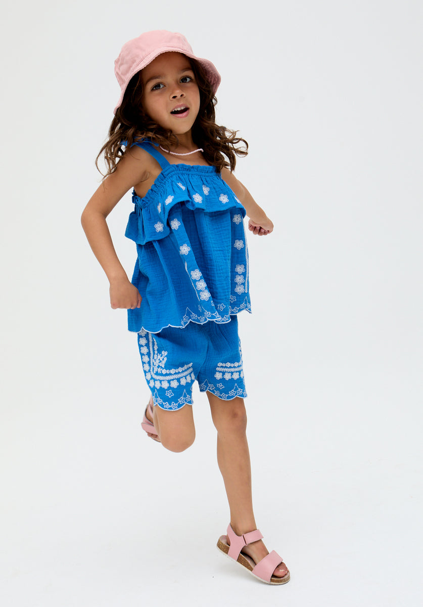 Kids Savvanah Frill Neck All Over Embroidered Co-Ord Set In Blue