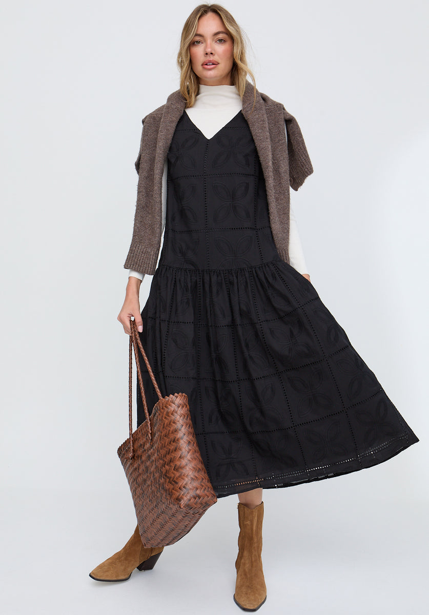 Squire Cut Work Drop Waist Midi Dress In Black | Drop Waist Sleeveless ...