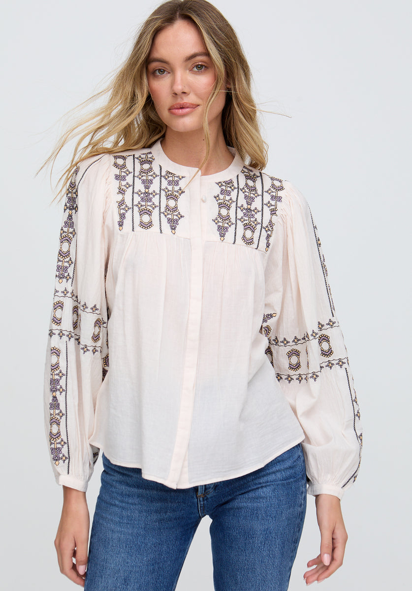 Demi Embroidered Ballon Sleeve Shirt In Cream