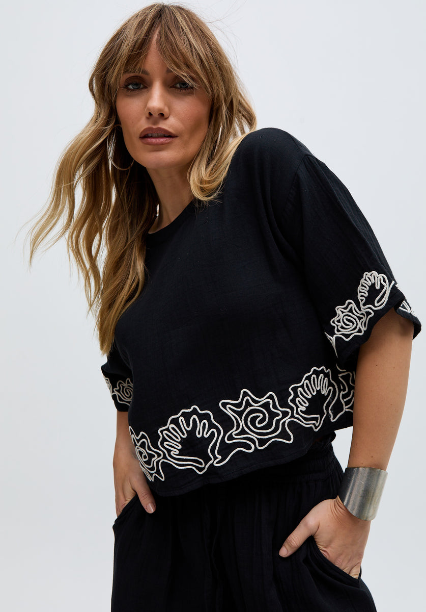 Milly Embroidered Split Open Back Blouse In Black | Black Embroidered ...